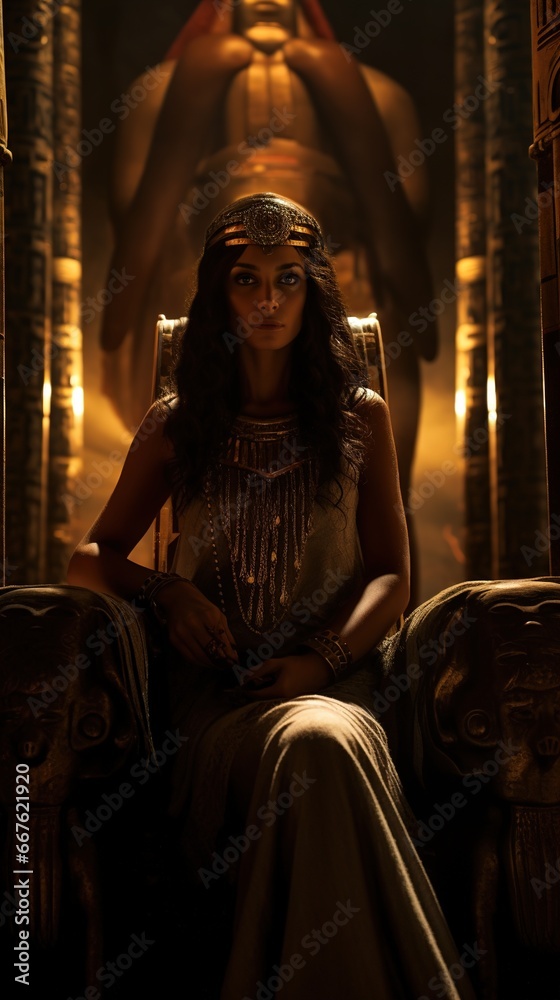 Cleopatra, seated on her golden throne, in a grand hall of her palace ...