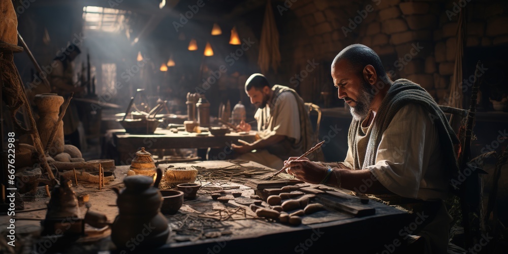 Craftsmen in an ancient Egyptian workshop, crafting jewelry, and ...