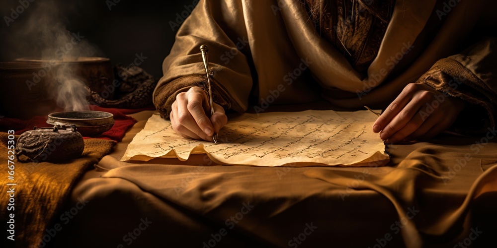 Hovering over an ancient papyrus scroll, a historian, with gloved hands ...