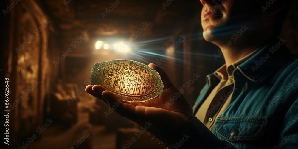 Inside a dimly lit tomb, a historian holds up a glowing scarab amulet ...