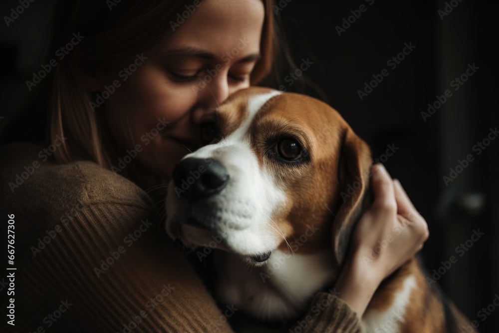 A person woman giving a warm hug to a furry friend Beagle dog. The bond between humans and ...