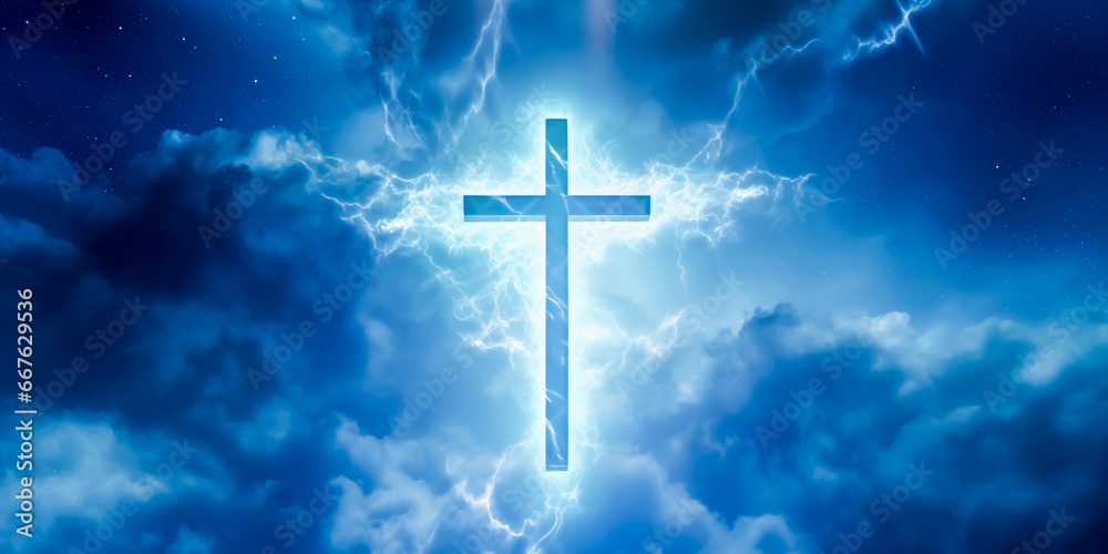 Christian cross appears bright in blue sky background with sunny light ...
