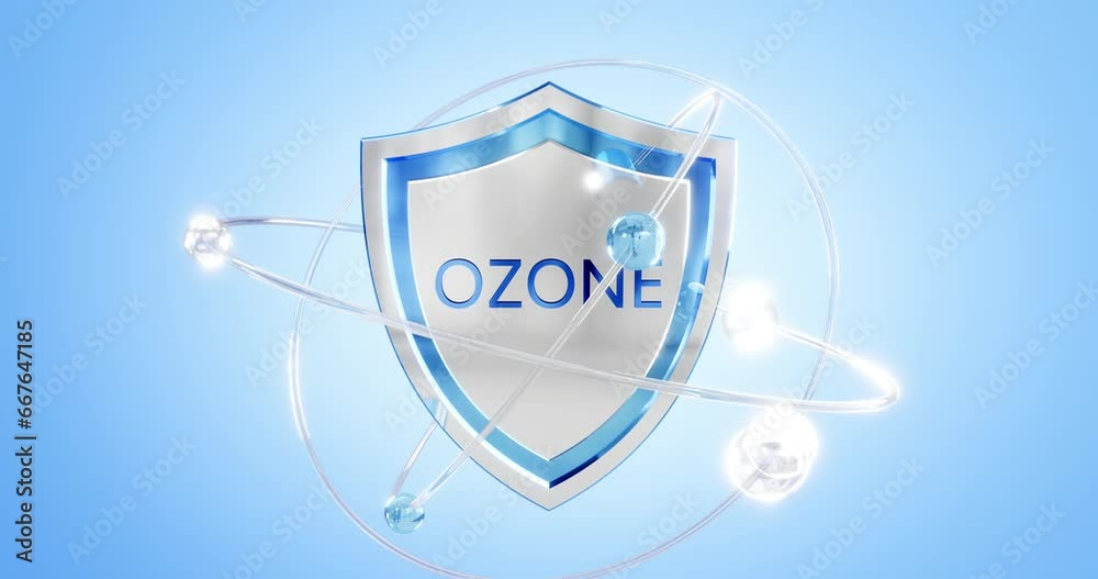 ozone symbol located on a shield with atoms and rotating orbits, 3d ...