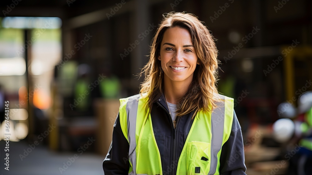 Portrait of smiling female engineer on site wearing hard hat, high vis ...