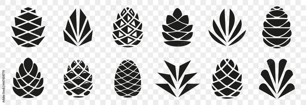 Pine cone icons on a transparent background. Set of simple black pine ...