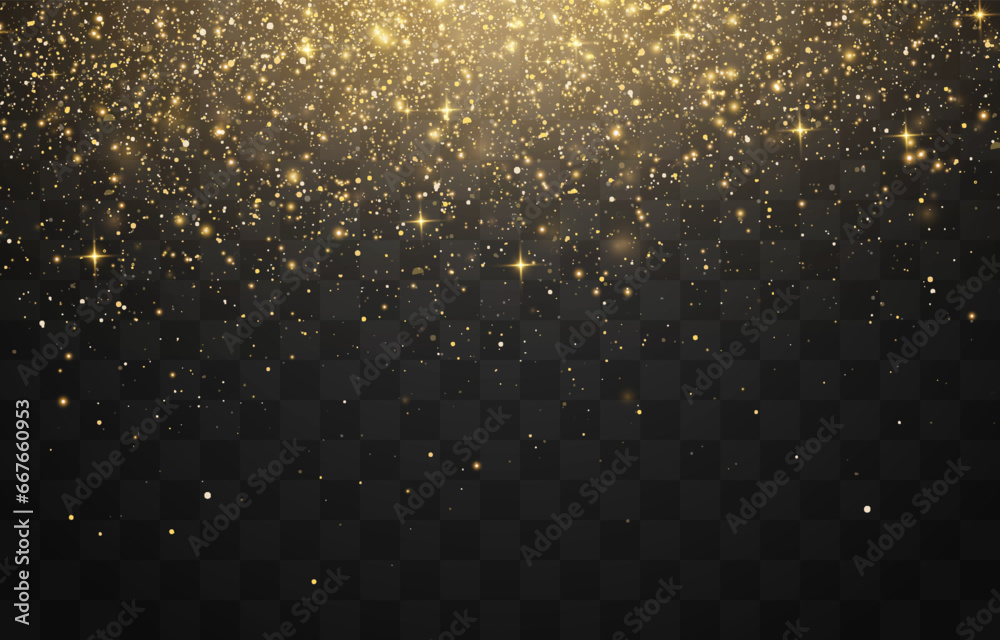 Glitter gold particles shine effect on png background. Vector luminous magical dust, dusty shine ...