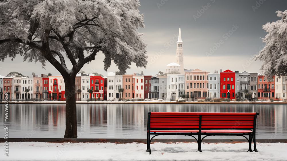 Coastal city decorated for Christmas - tree and red park bench ...