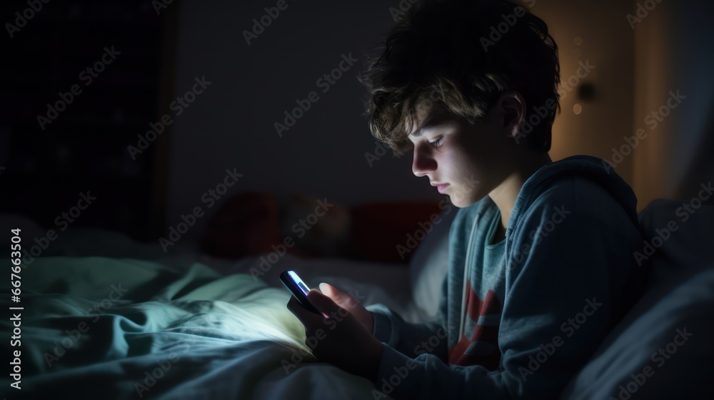 Boy is addicted to a phone Sleepy exhausted lying in bed using a ...