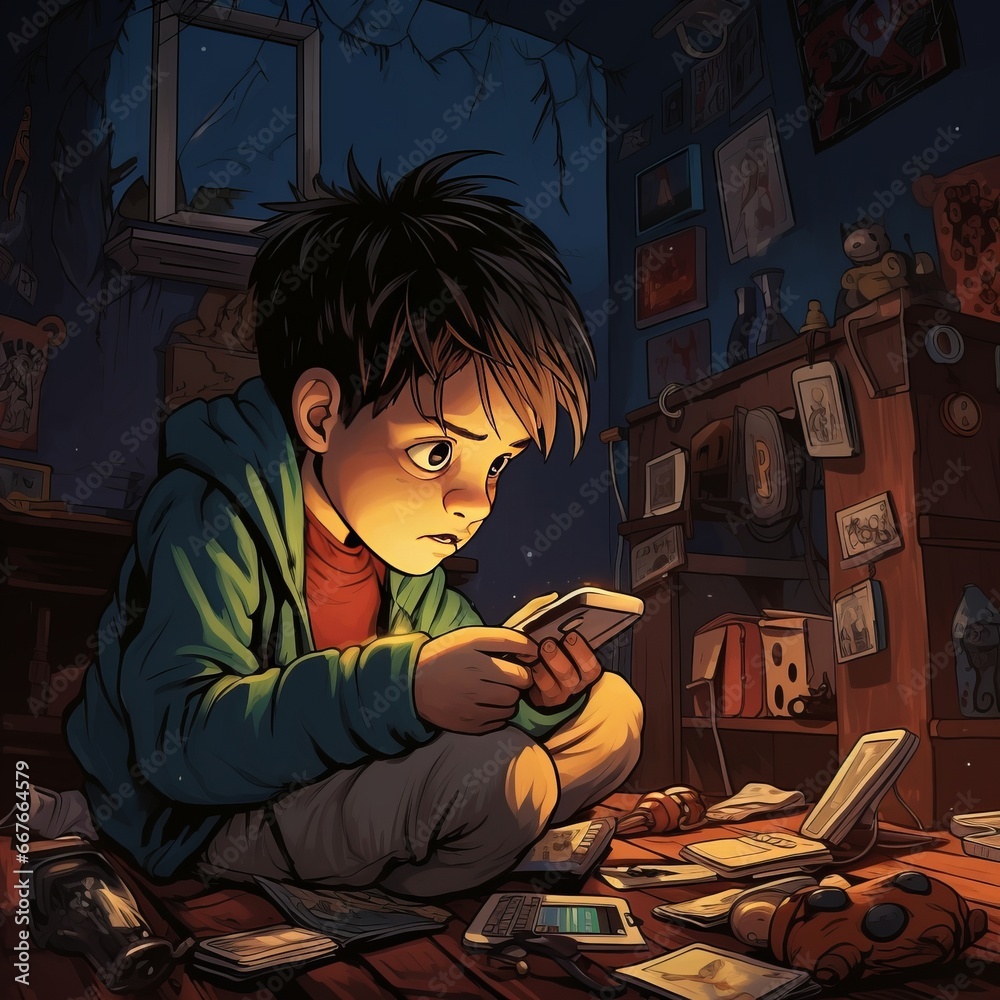 Boy, phone-dependent child, child secretly using a phone and technology ...