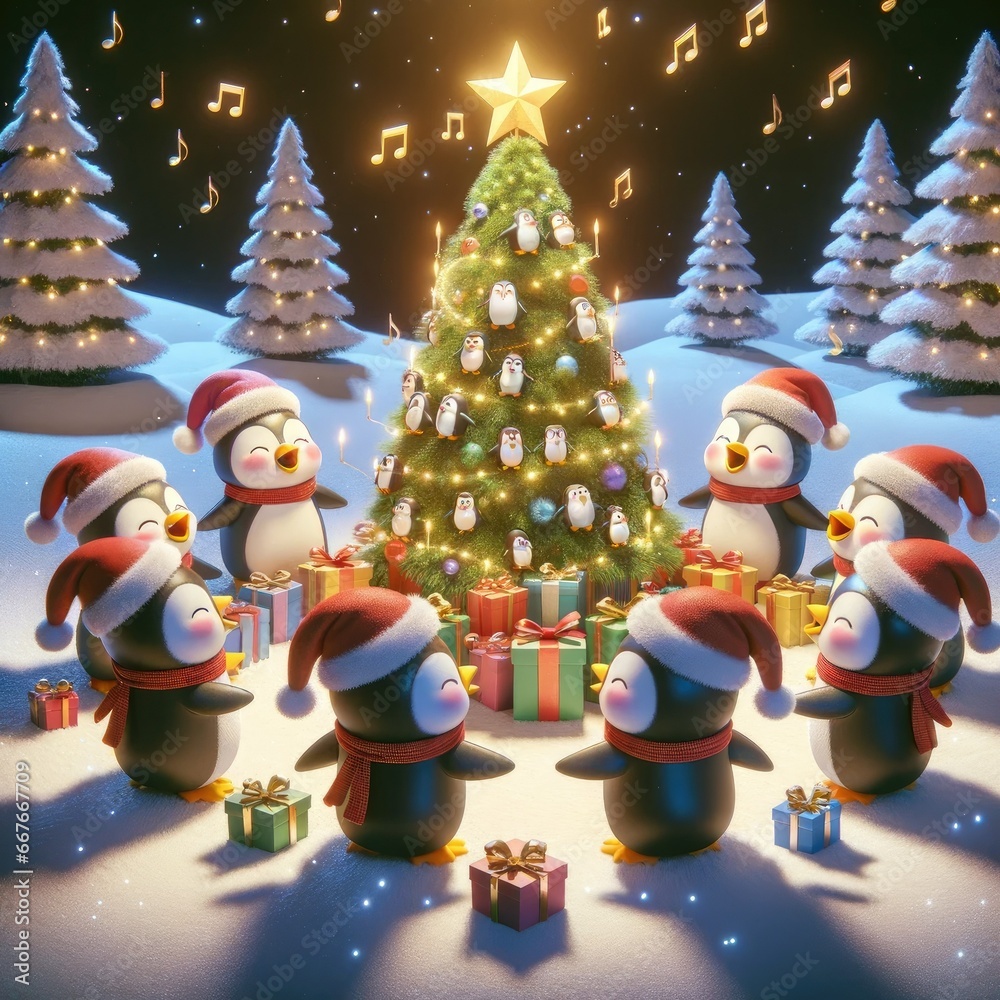 "A joyous group of penguins gather around a brilliantly lit Christmas ...