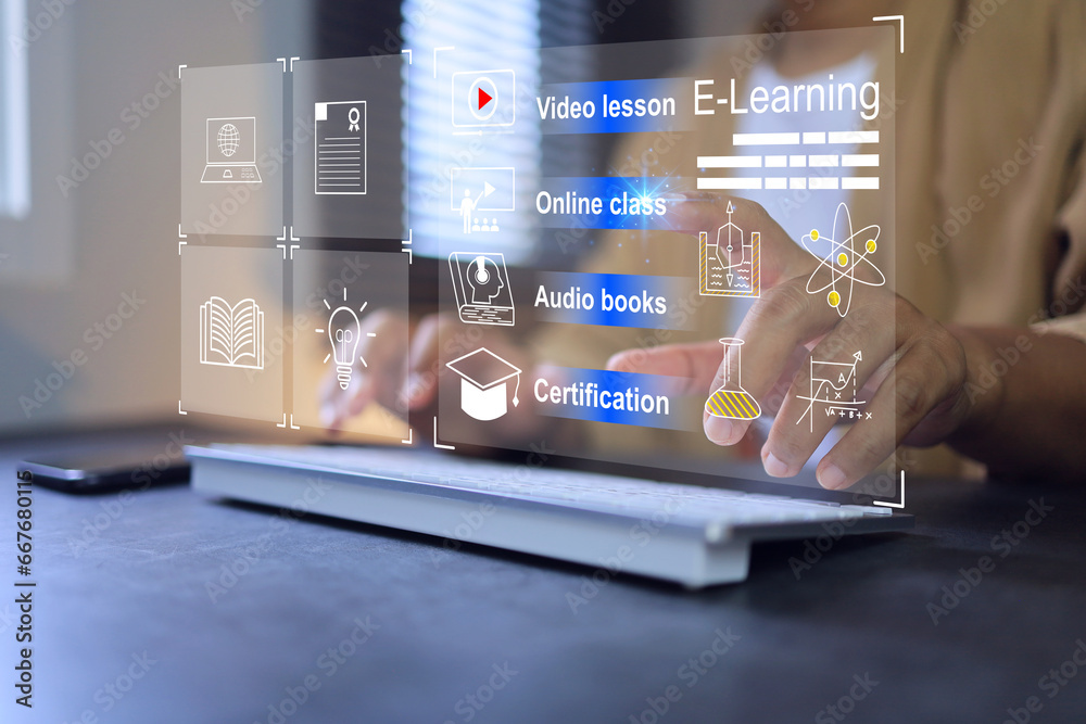 e-learning and video lesson concept with student pointing on virtual touch screen to selected ...