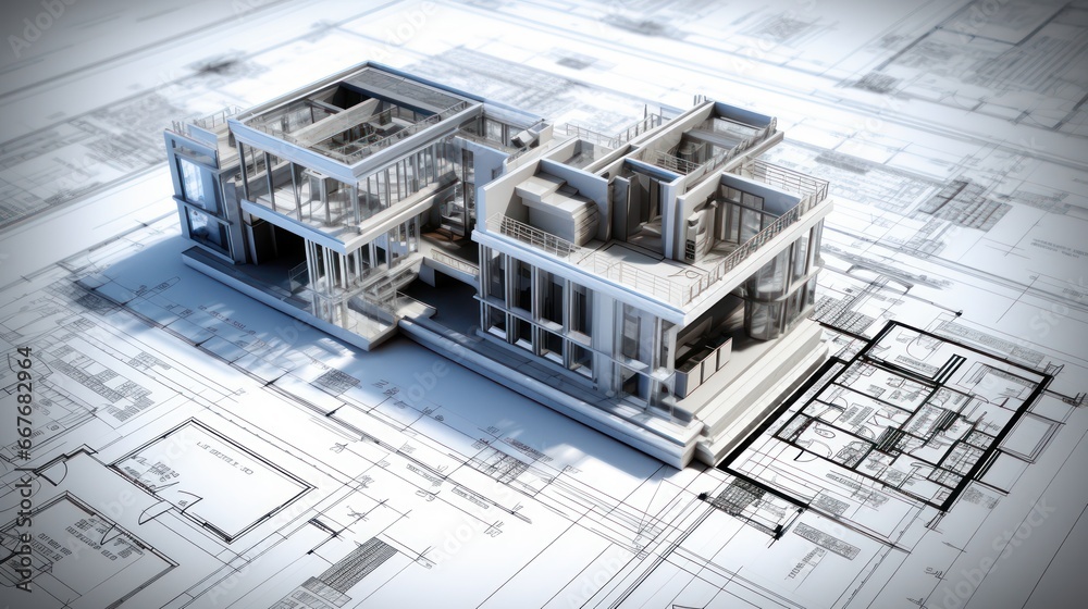 Building house on blueprints - construction project. Stock Illustration ...