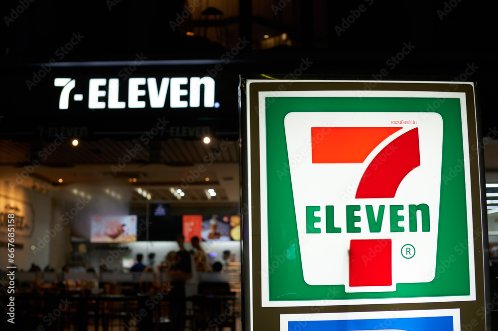 PHUKET, THAILAND - APRIL 25, 2023: close up shot of 7-Eleven sign as ...