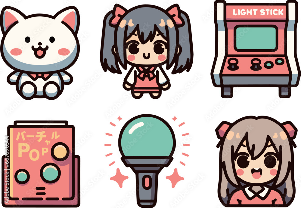Set of cute anime girls icons. Vector illustration in anime style ...