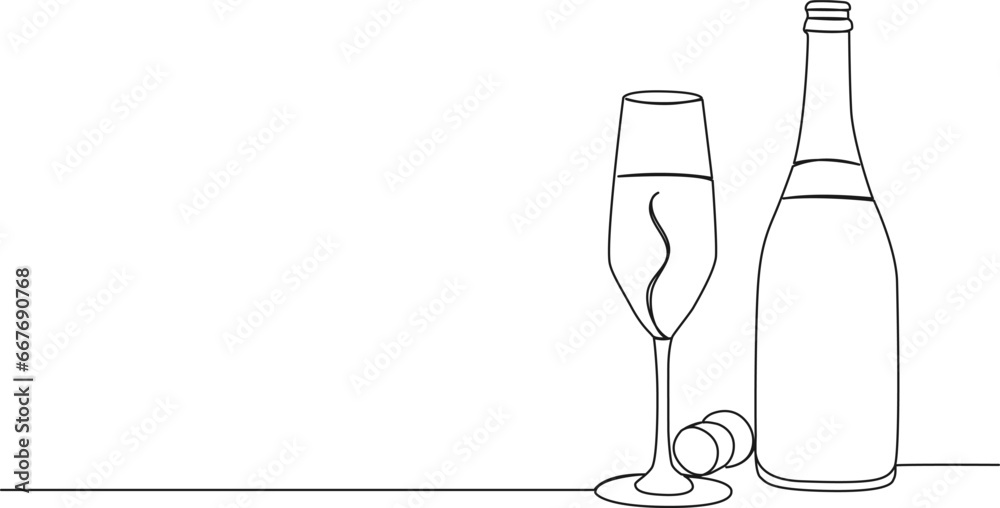 continuous single line drawing of bottle of sparkling wine and champagne glass, line art vector ...