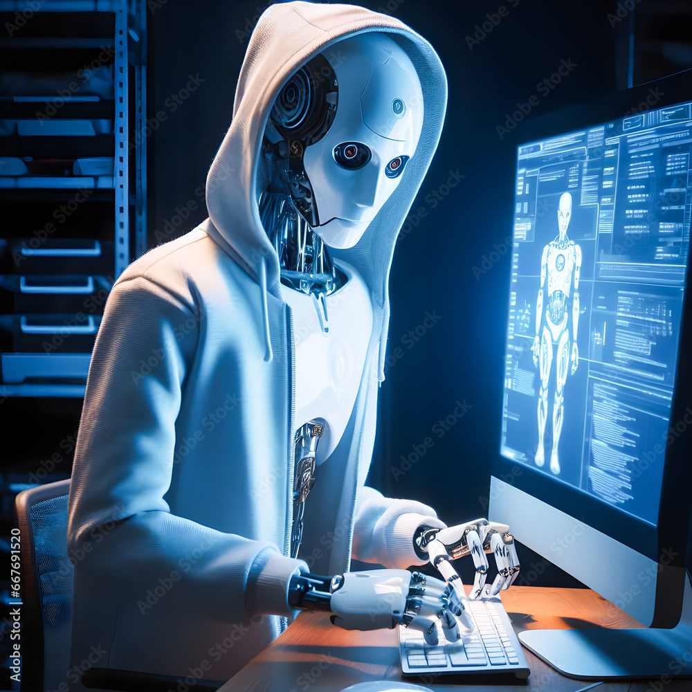 3d rendering humanoid robot working in server room with computer ...