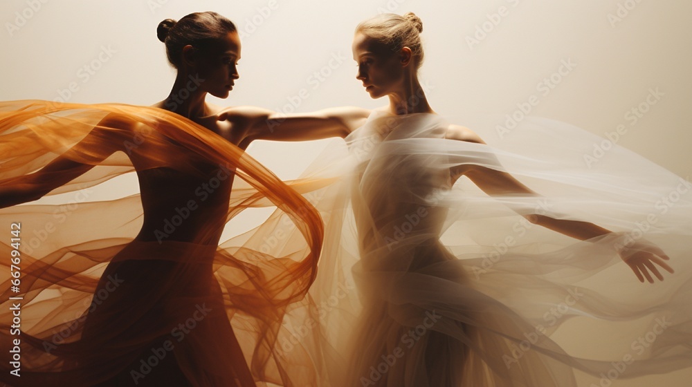 A Photograph capturing ethereal harmony Two intertwined models emerge ...