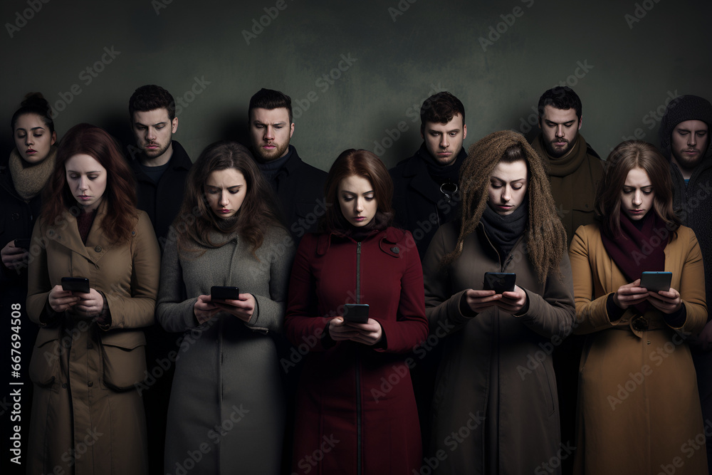 Group of unhappy young people hypnotized with mobile phones and ...