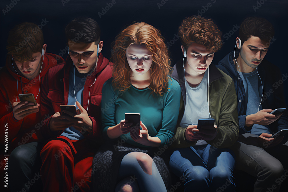Group of unhappy young people hypnotized with mobile phones and ...