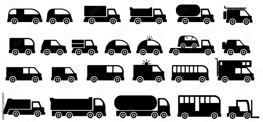 Vector set illustration of simple deformed various types of car icons ...