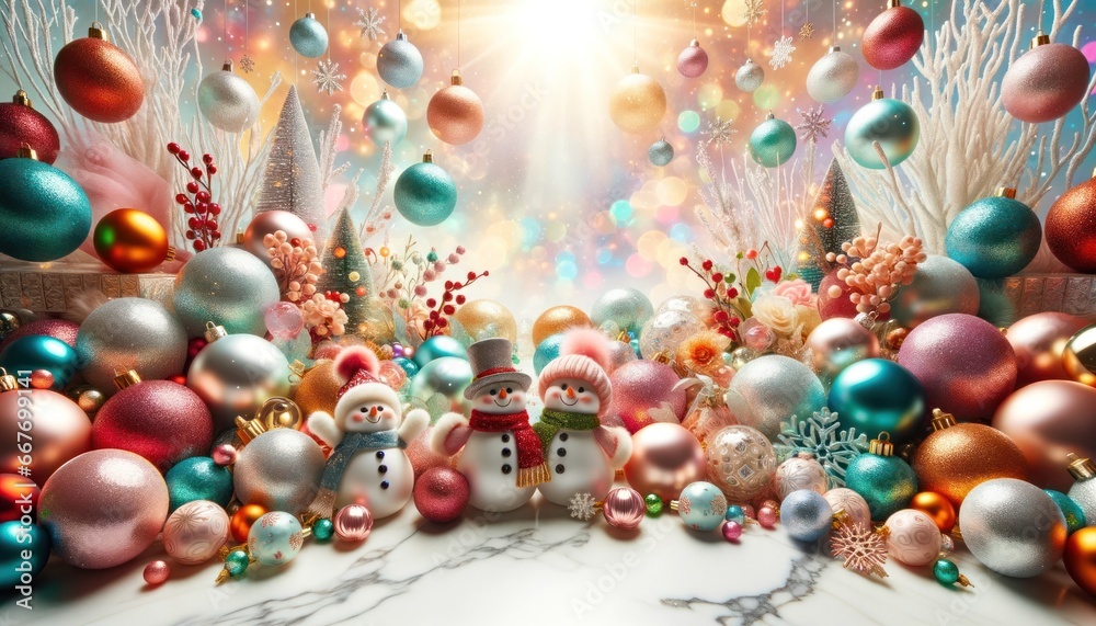 Vibrant colors and festive ornaments adorn a group of lively snowmen ...