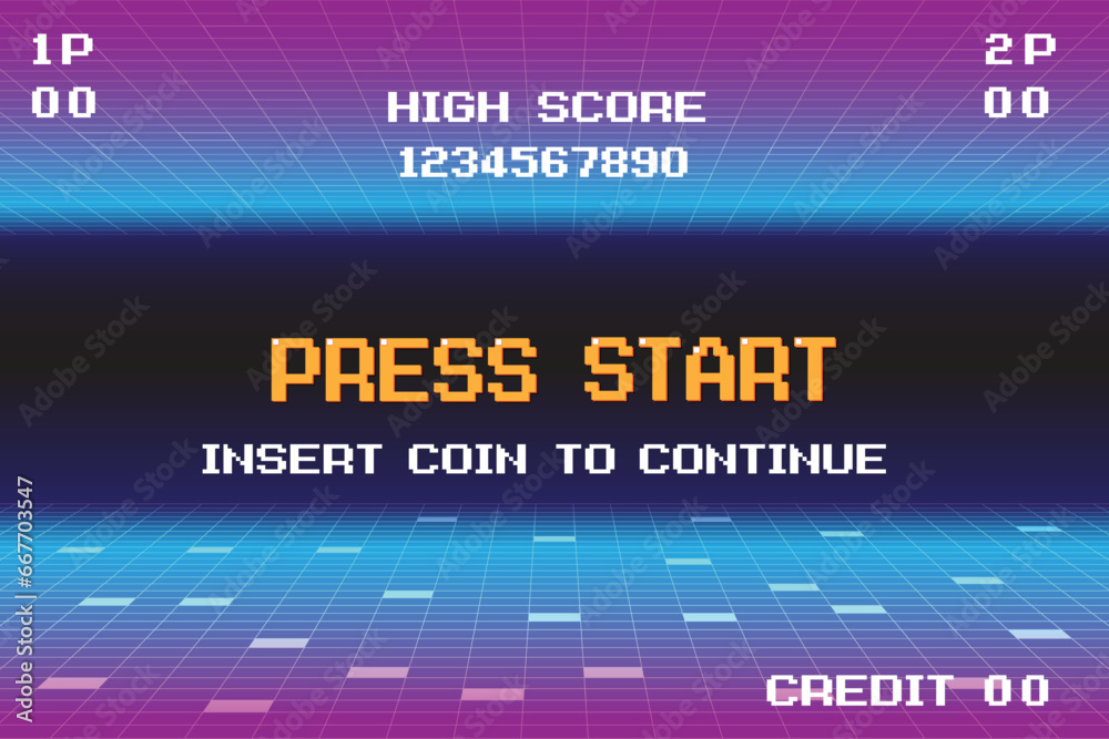 PRESS START INSERT A COIN TO CONTINUE. pixel art .8 bit game. retro ...