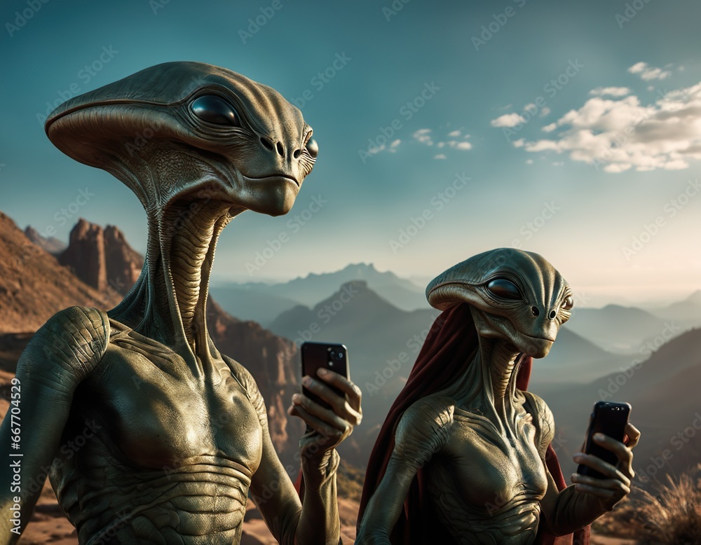 Aliens taking selfies while vacationing on the Earth, mountain ...