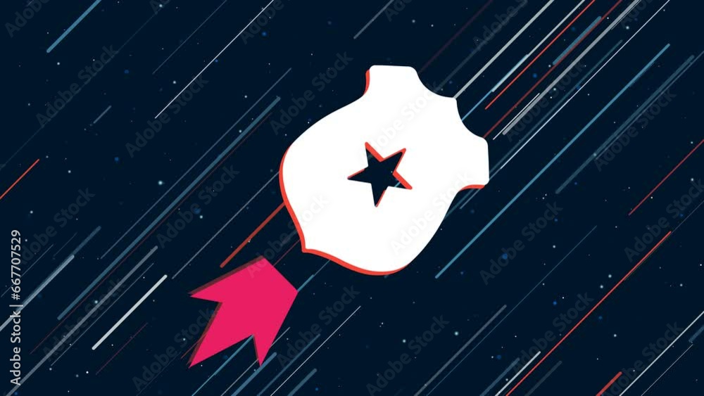 Police badge symbol flies through the universe on a jet propulsion. The ...