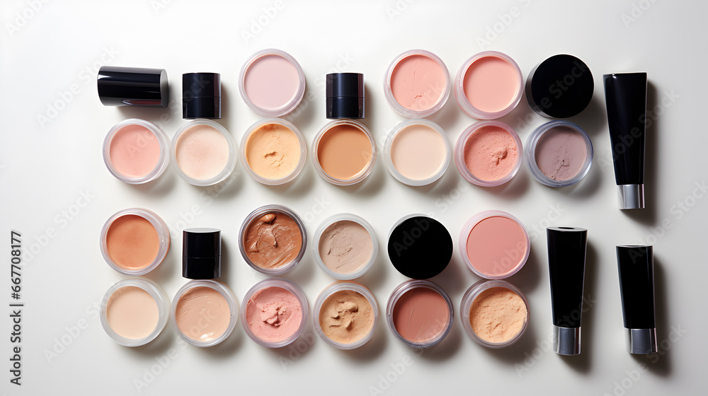 A toip view of curated collection of makeup essentials, showcasing a ...