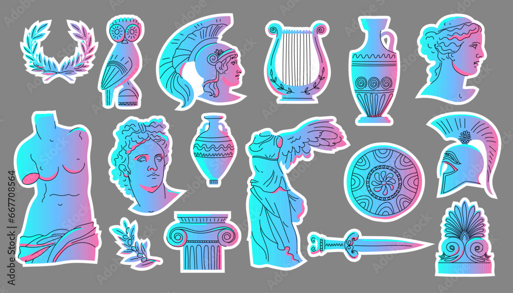 Greek elements stickers isolated. Ancient sculptures, vases ...