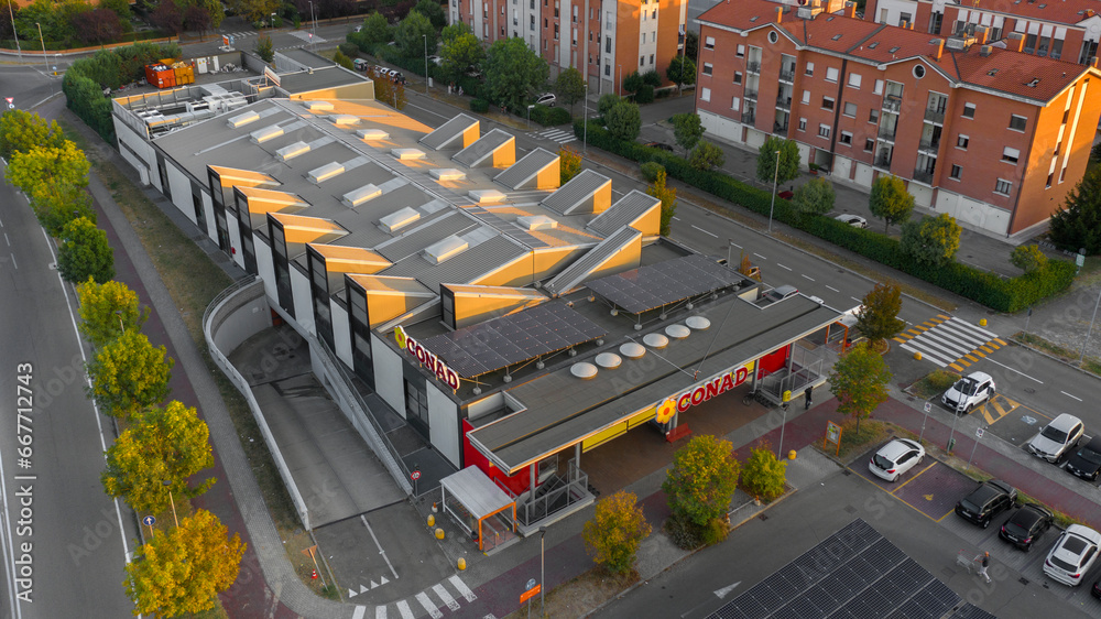 Aerial view of a supermarket of the Italian chain Conad. Modena, Italy ...