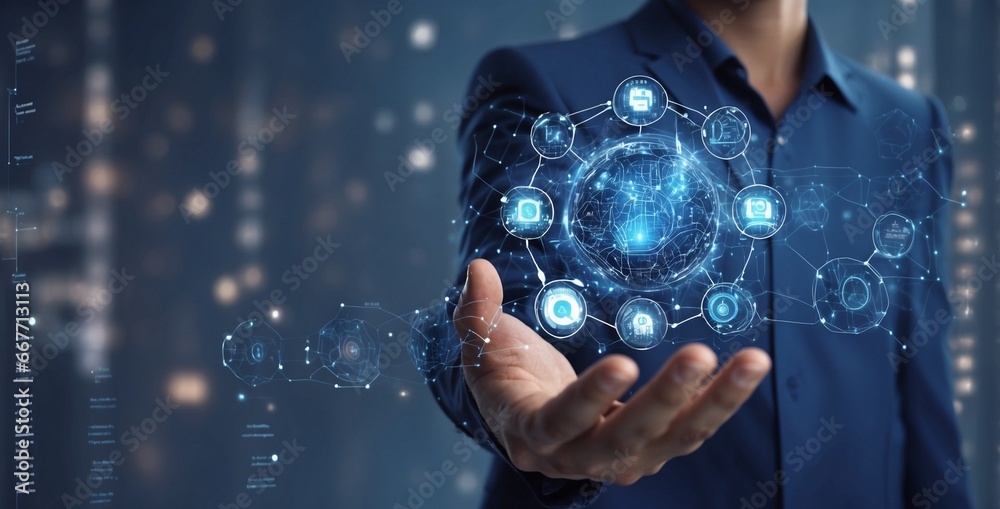 Blue digital user interface with a businessman's hand and artificial intelligence and automated ...
