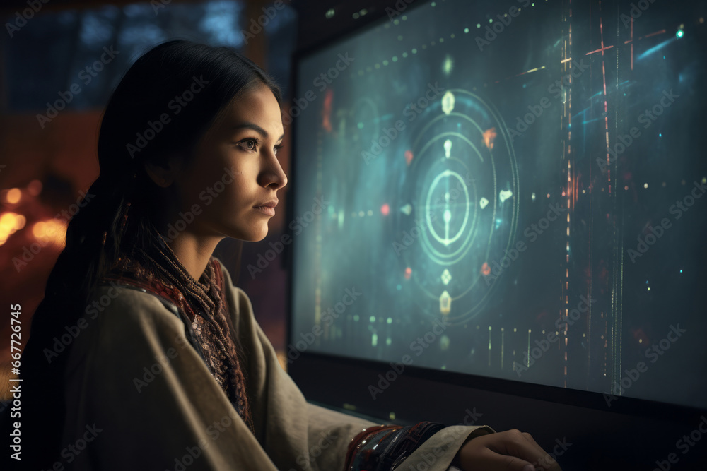Generative ai indigenous native american woman in futuristic metaverse ...