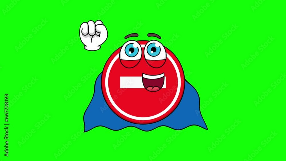 Superhero stop sign cartoon flying with red cape, green screen ...