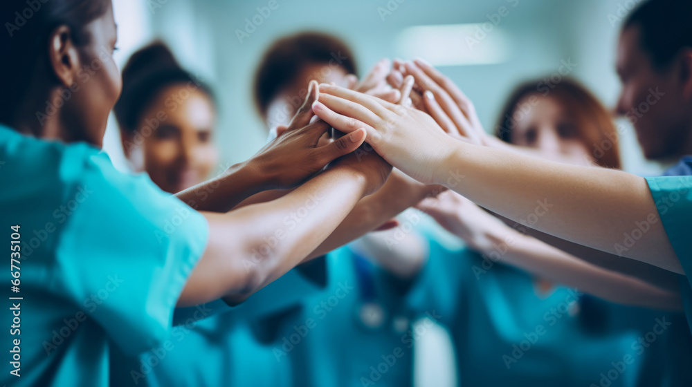 Group of medical student nurses high five. Doctor teamwork concept ...