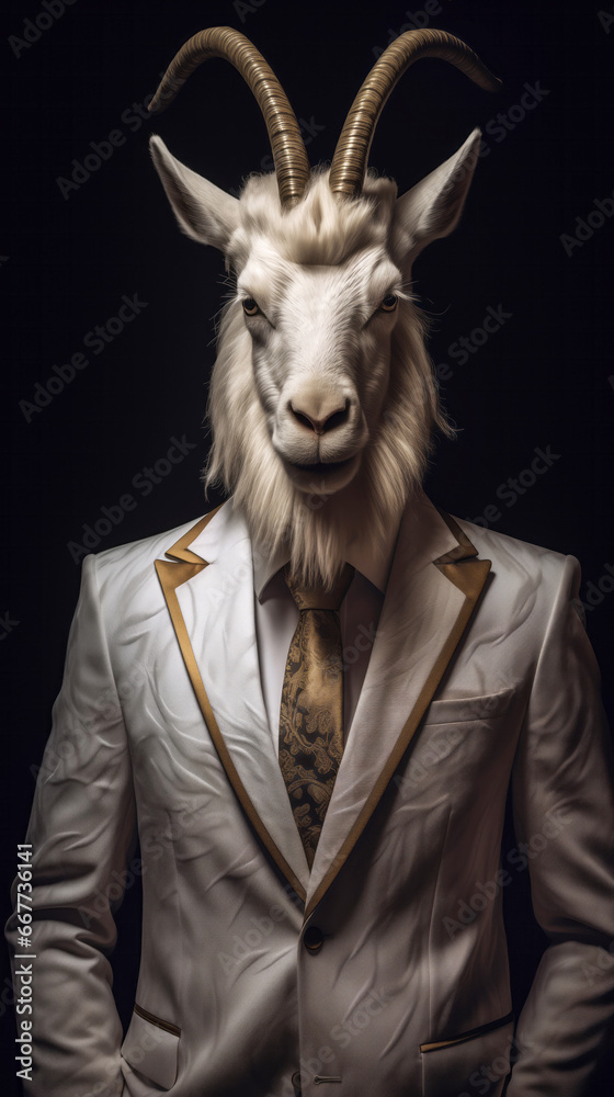 White goat dressed in an elegant suit with a nice tie. Fashion portrait ...