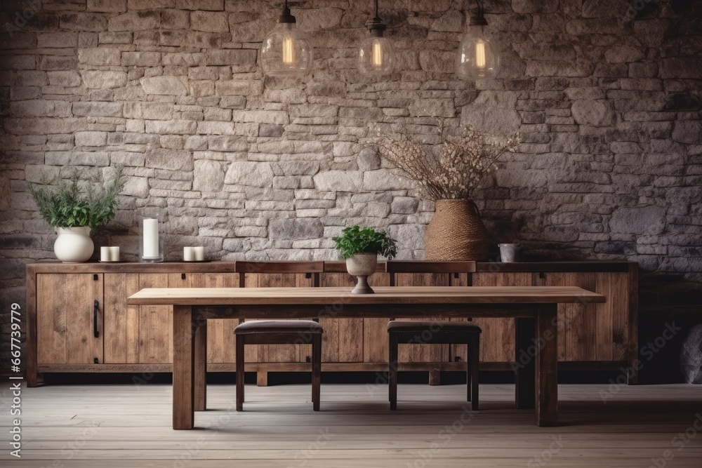 Dining room concept in a simple rustic style using wood and brick as ...