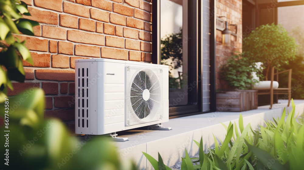 Air source heat pump installed in residential building. Sustainable and ...