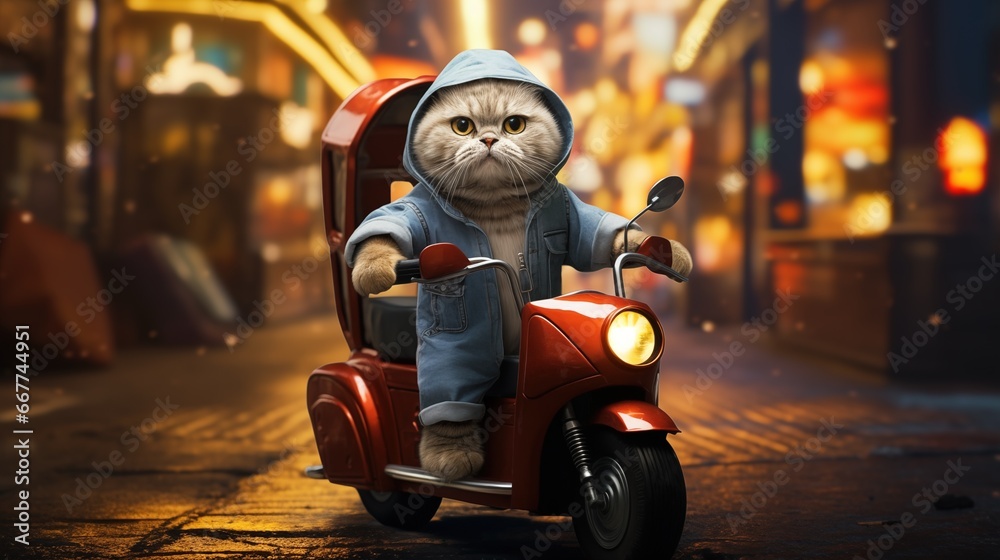 Funny cat driving a auto rickshaw or Tuk tuk in night city, generative ...