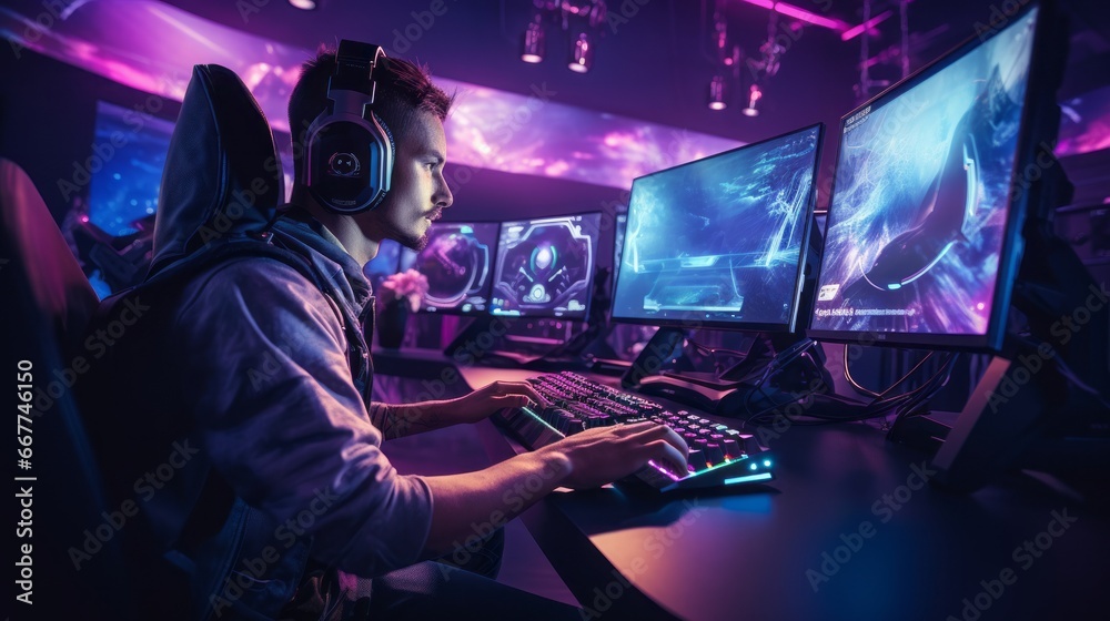 smiling gamer finishing mission in game at gaming room.Professional ...