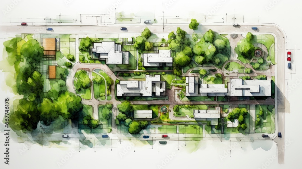 hand drawing of Urban planning sketch highlighting sustainable ...