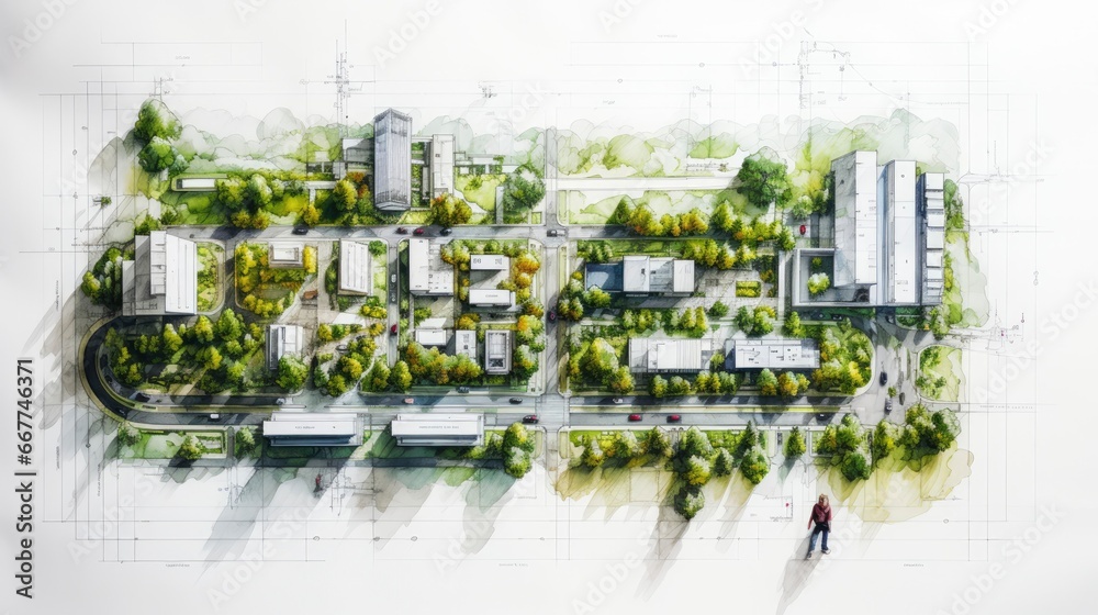 hand drawing of Urban planning sketch highlighting sustainable ...