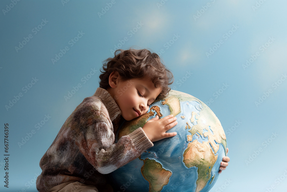 Child hugging planet Earth model. World heritage, environment ...