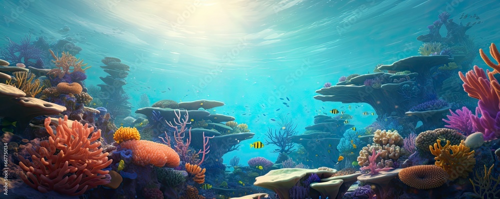 beautiful underwater scenery with various types of fish and coral reefs ...