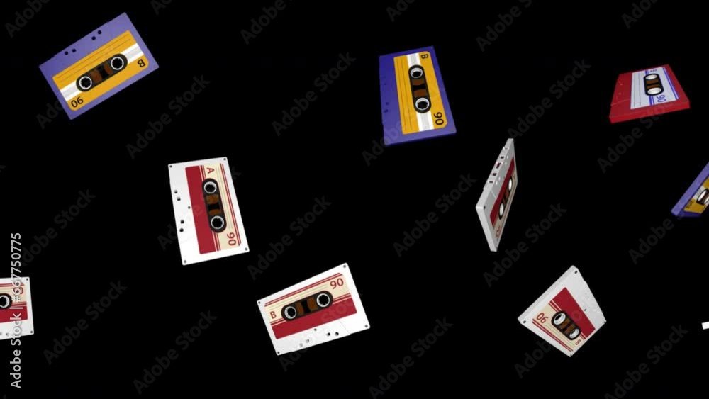 Falling Vintage Cassette Tape Animation, on Alpha Channel, Technology ...