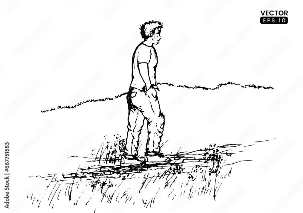 Hand drawn vector illustration. landscape sketch a man walking on main ...