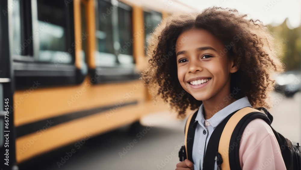 Smiling elementary student girl smiling and ready to board school bus ...