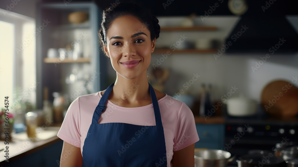 Proud woman posing in her kitchen clean-smiling mom standing in the ...