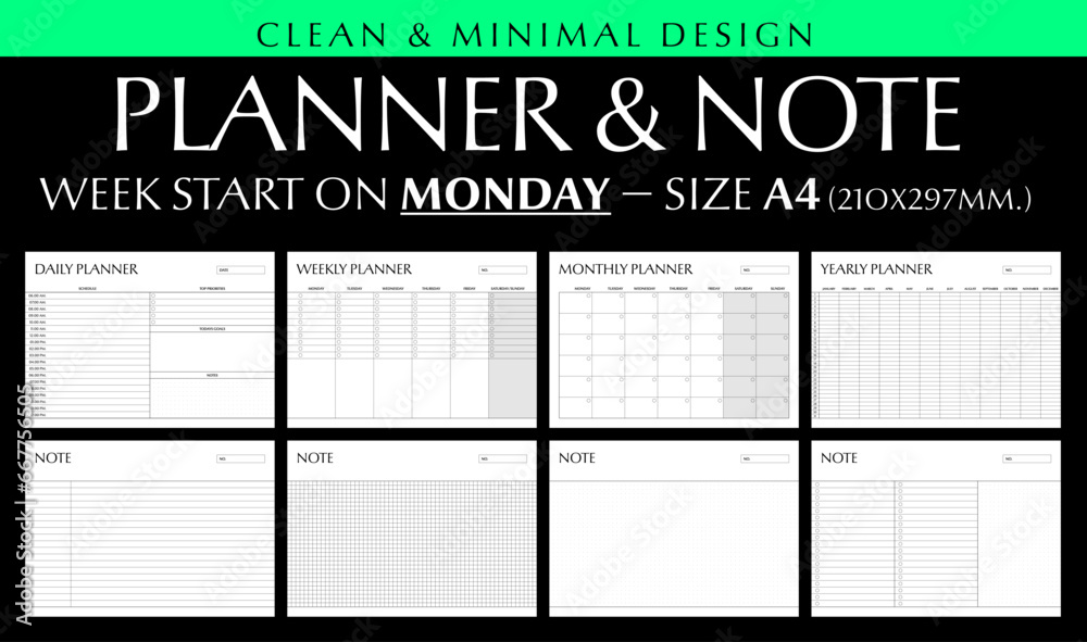 Planner and note template clean and minimal design size A4, Week start ...