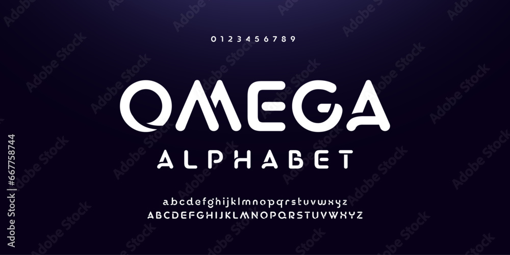 OMEGA, Abstract digital technology logo font alphabet. Minimal modern ...